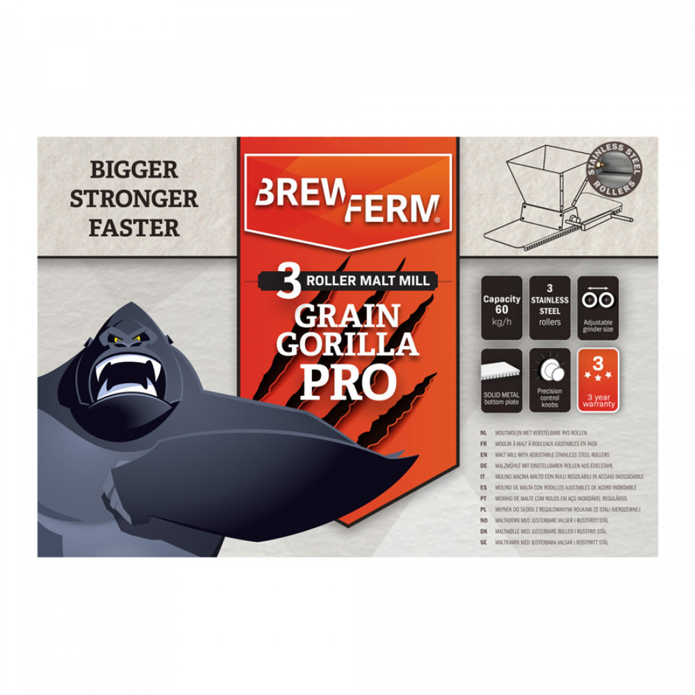 Brewferm Grain Gorilla Pro Malt Mill - With 3 Stainless Steel Rollers ...